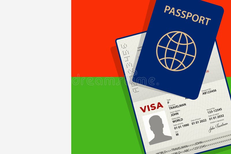 Visa To Madagascar and Passport. Madagascar Flag Background. Vector ...
