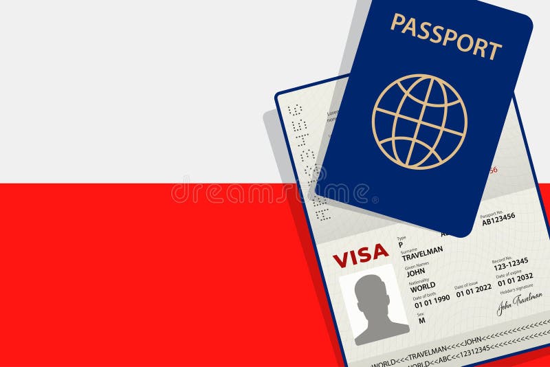 Visa To Poland and Passport. Polish Flag Background. Vector ...