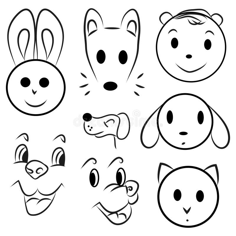 Visages Mignons Des Animaux Illustration de Vecteur - Illustration of ...