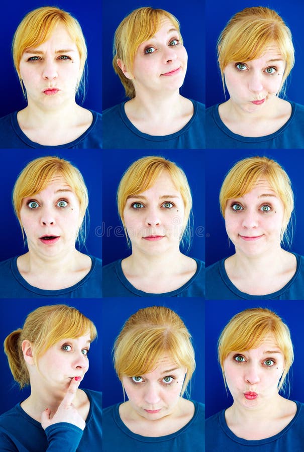 Visages Multiples De Femme Blonde Drôle Photo stock - Image du heureux ...
