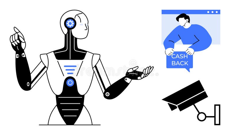 Robot Explaining Online Cashback and Security Camera Monitoring ...