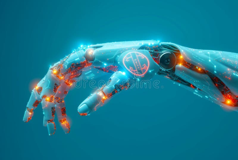 Visible Wiring, Solid Blue Background Robotic Hand with AI Icon Stock ...