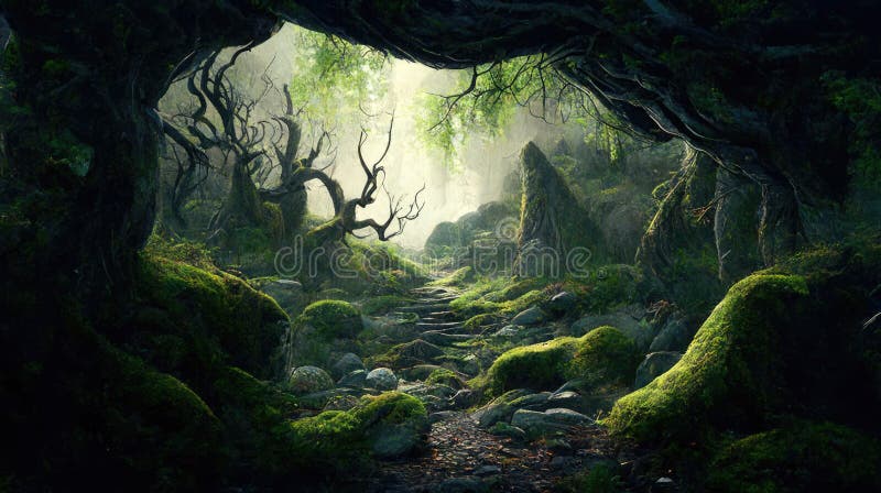 Vision of an Ancient Forest with Very Old Trees Stock Illustration ...