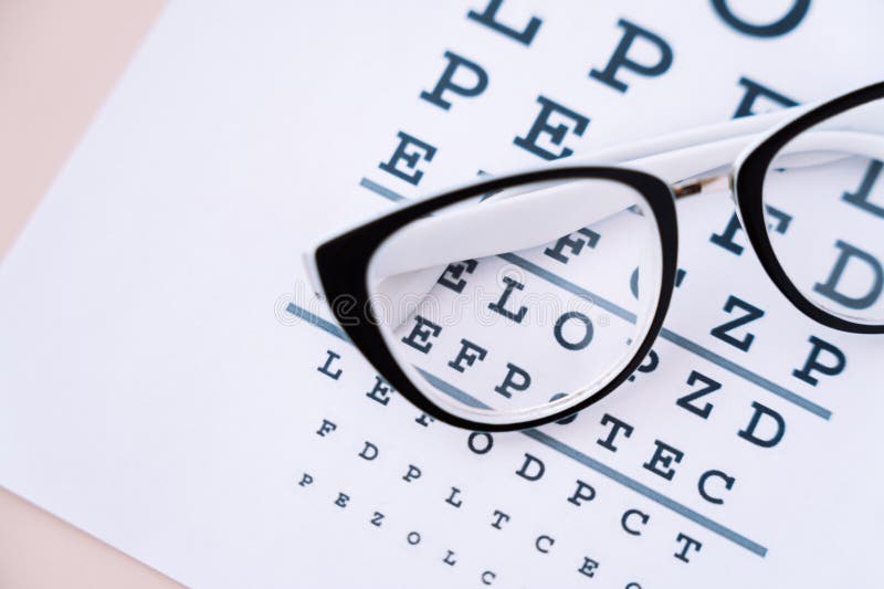 Vision Glasses with Black Frames on a Snellen Chart Close Up Stock ...
