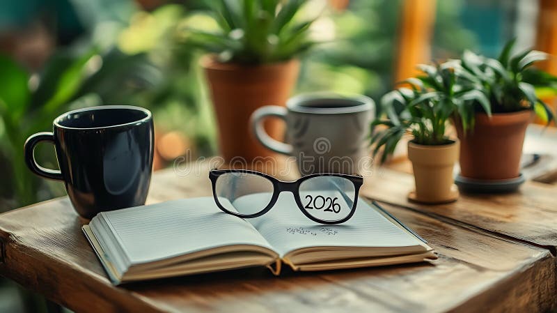2026 Vision with Glasses and Coffee Cups on Table Stock Illustration ...