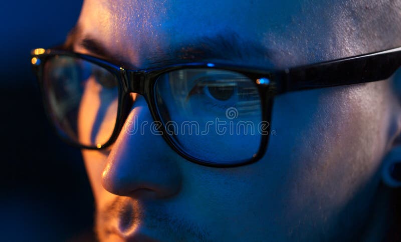 Close Up of Hacker in Glasses Looking at Screen Stock Image - Image of ...