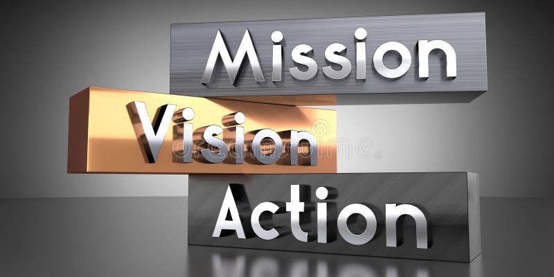 Vision, Mission, Action - Words on Metal Blocks Stock Illustration ...