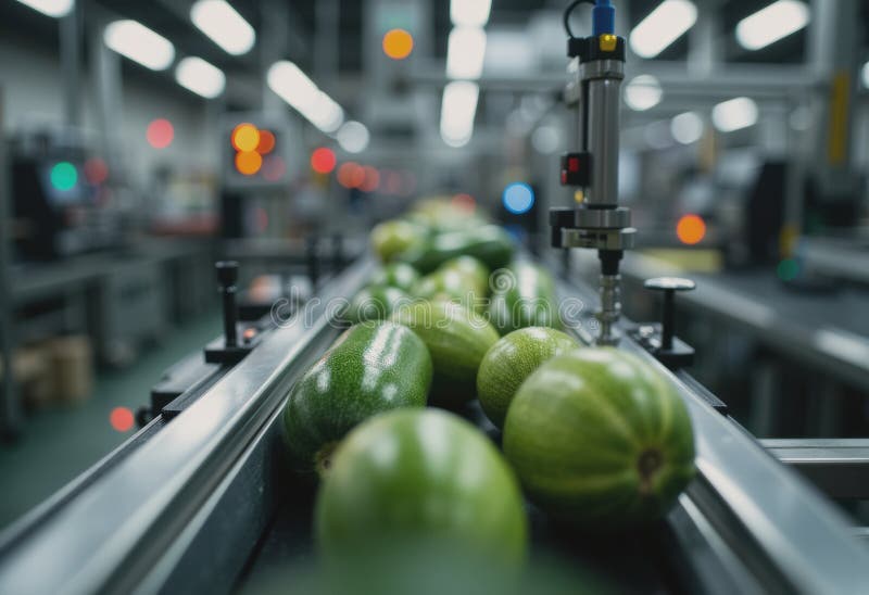 Vision Sensor Photographing Zucchinis on a Conveyor Belt for Alignment ...
