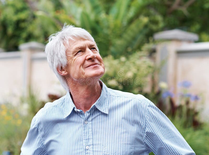 Vision, Thinking and Senior Man in Garden with Reflection and Remember ...