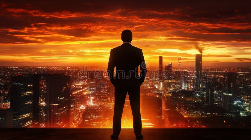 Visionary Architect Standing Tall Over the Cityscape at Sunset, Power ...