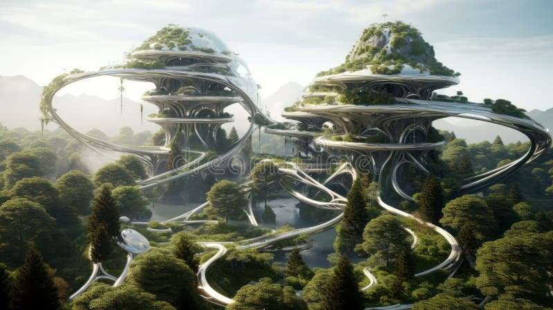 Visionary City with Organic Shapes and Greenery Stock Illustration ...