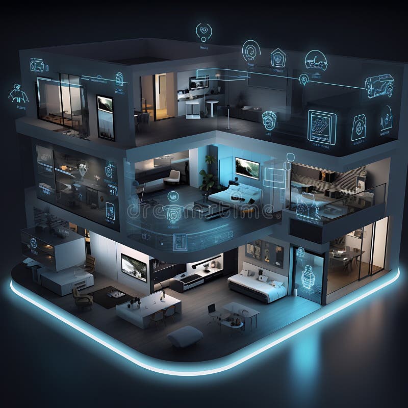 A Visionary Smart Home Illuminated with Blue High-tech Interfaces at ...