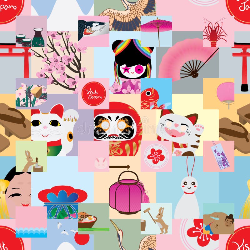 Visit Japan Square Sticker Seamless Pattern Stock Vector - Illustration ...