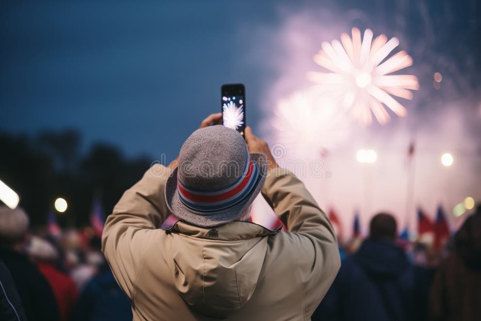 Visitor Capturing a Firework Display on Their Phone Stock Illustration ...