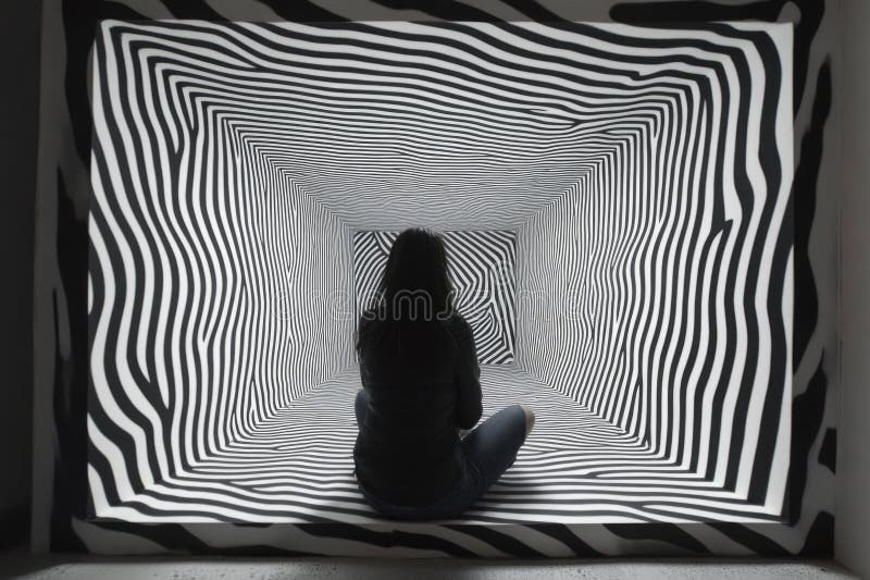 Visitor Experiencing Immersive Optical Illusion Art with Black and White Wavy Lines Stock Photo ...