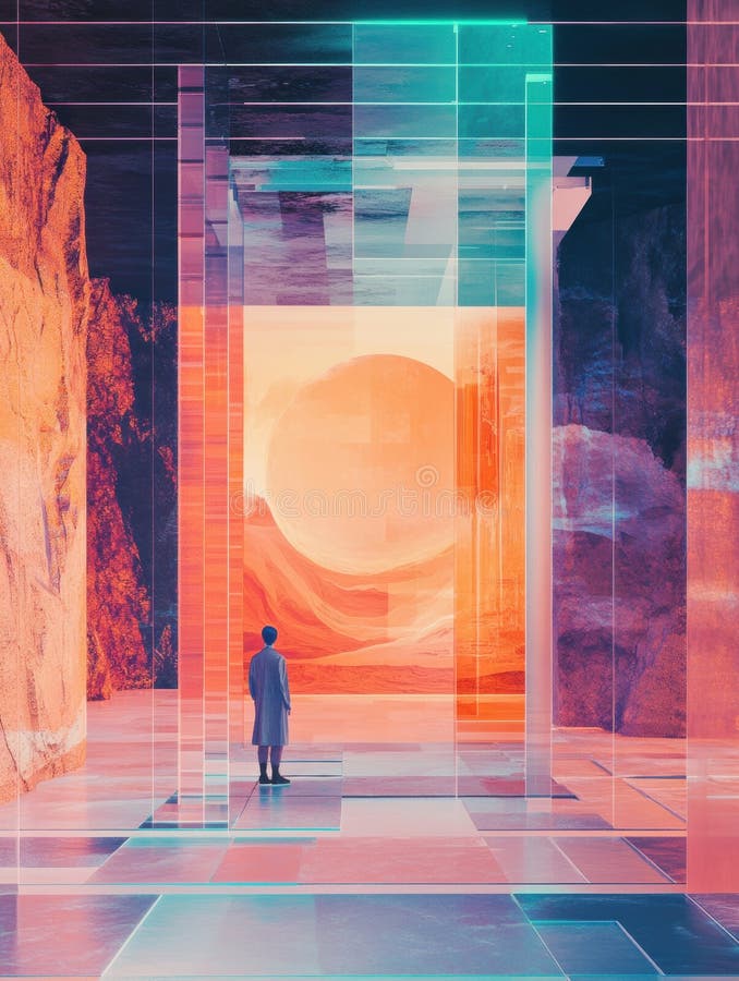 A Visitor Interacts with Vibrant Virtual Artworks in a Digital Gallery ...