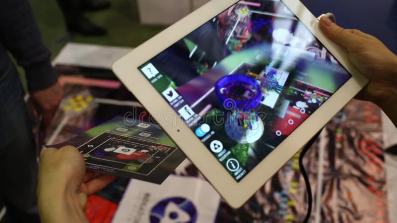 Visitor Looks at Plane Image through Tablet Stock Footage - Video of ...