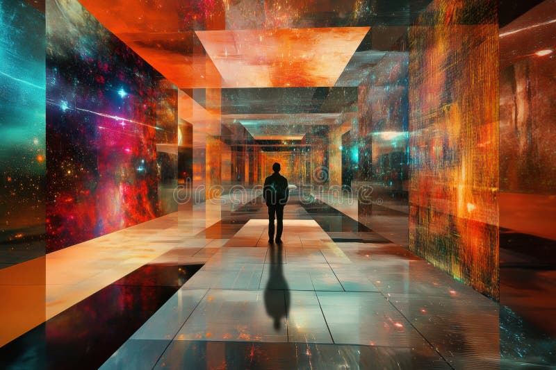 A Visitor Stands in a Vibrant Digital Gallery Surrounded by Colorful ...