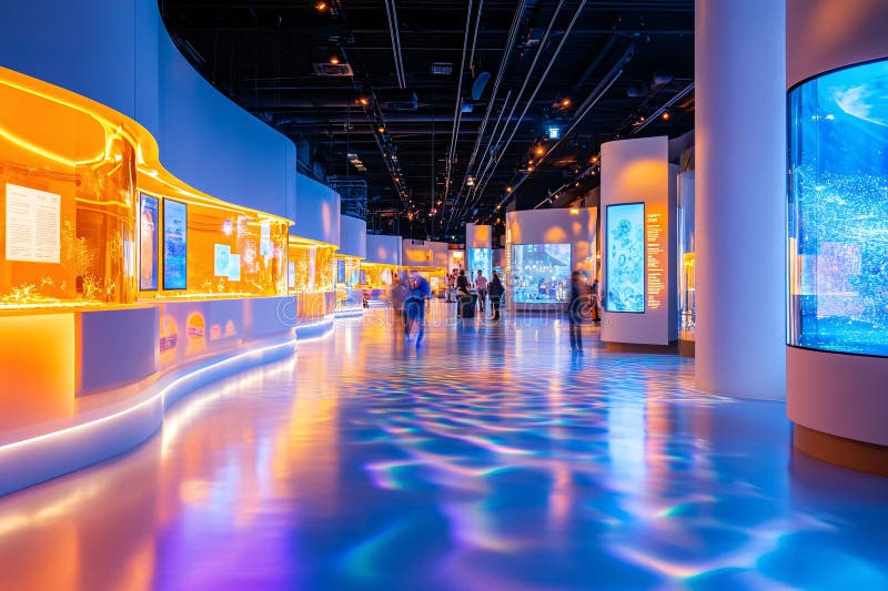 Visitors Enjoying a Modern Interactive Exhibition in a Futuristic ...