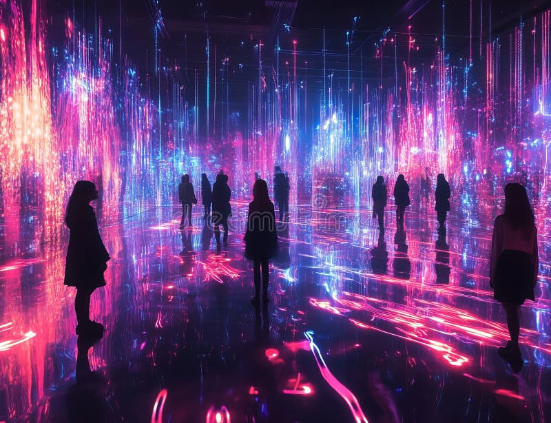 Visitors Experiencing Immersive Digital Art Installation with Colorful ...