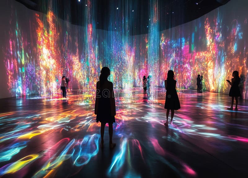 Visitors Experiencing Immersive Digital Art Installation with Colorful ...