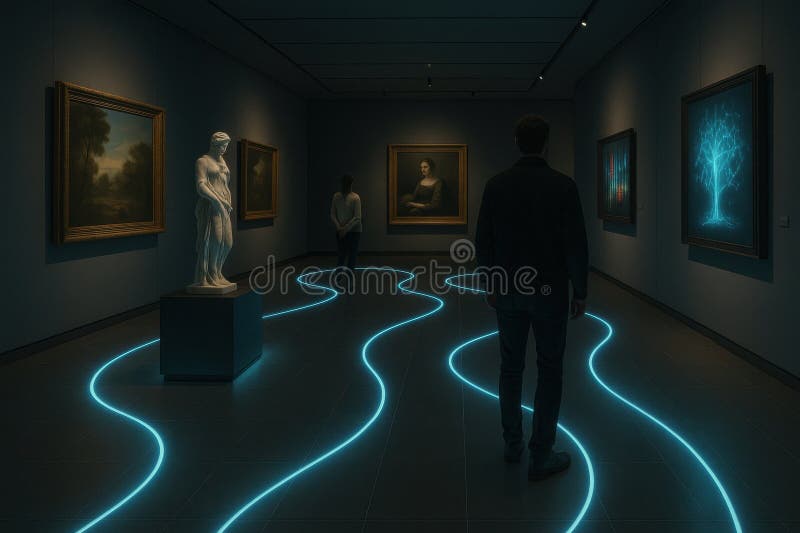 Visitors Explore an Art Gallery with Glowing Paths Guiding Them ...