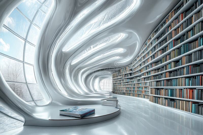 Modern Library Interior with Flowing Architecture and Expansive Windows ...