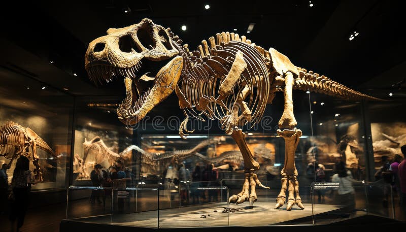 Visitors Explore a Dinosaur Exhibit Featuring a T. Rex Skeleton at a ...