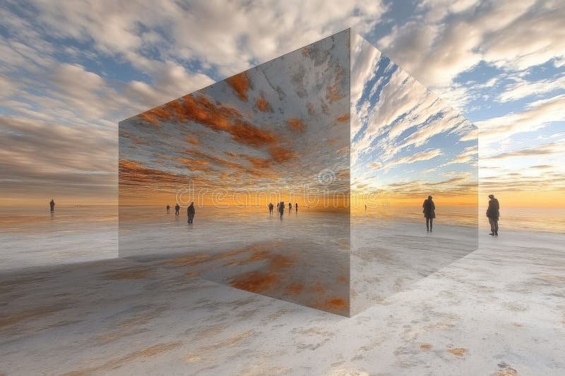 Visitors Explore a Reflective Cube Under a Stunning Sunset in a Vast ...