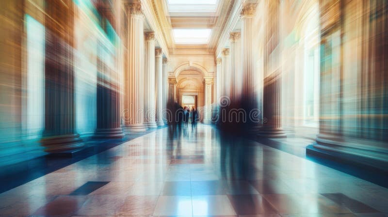 Visitors Exploring a Grand Corridor in an Art Museum during an ...