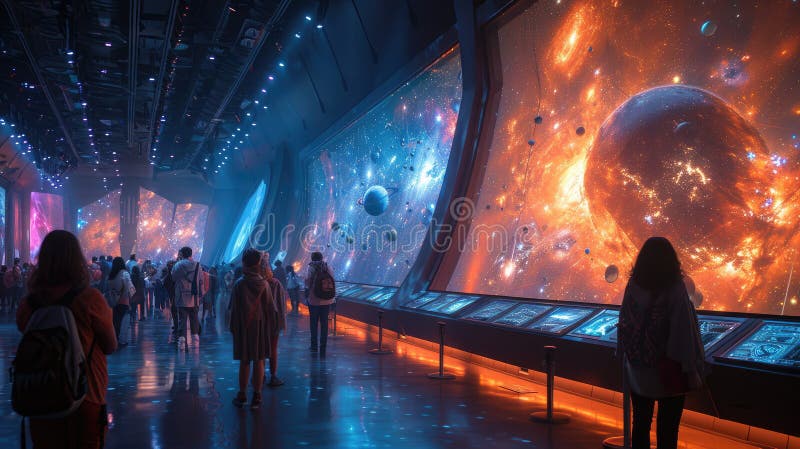 Visitors Marvel at Immersive Cosmic Exhibition in Modern Museum. Stock ...