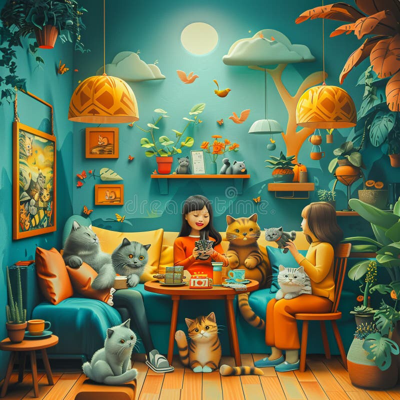 Visitors Playing with Cats at a Cat Cafe, Capturing the Fun ...