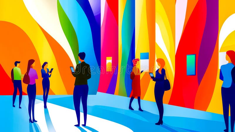 Visitors Using Smartphones at Modern Art Exhibition with Colorful ...