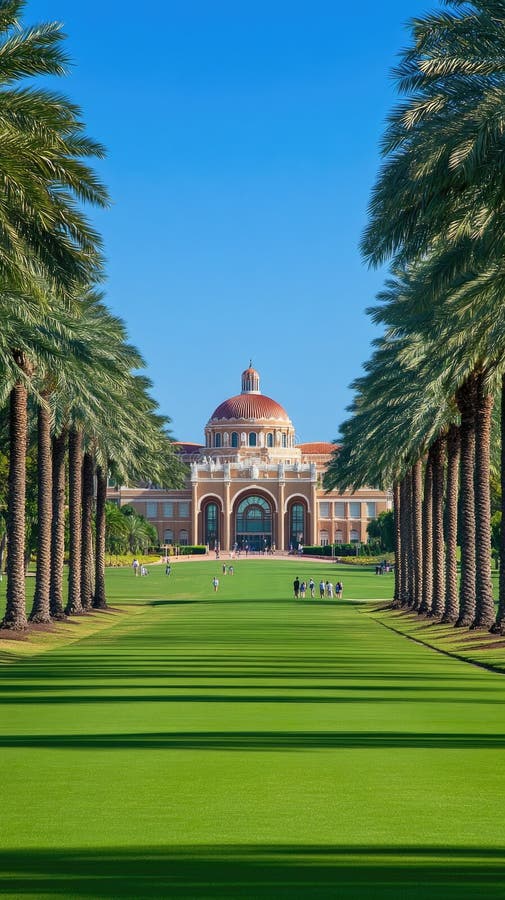 Visitors Walk Along the Paths among Palm Trees in Front a Clear Blue ...