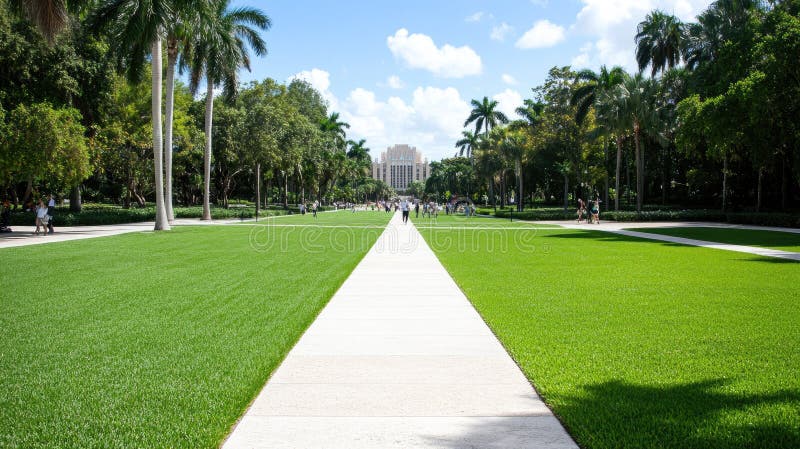 Visitors Walk Along the Paths among Palm Trees in Front a Clear Blue ...