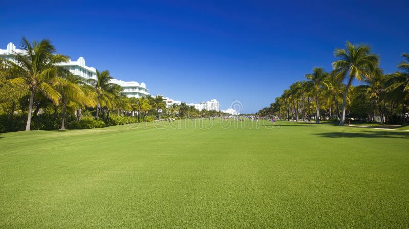 Visitors Walk Along the Paths among Palm Trees in Front a Clear Blue ...