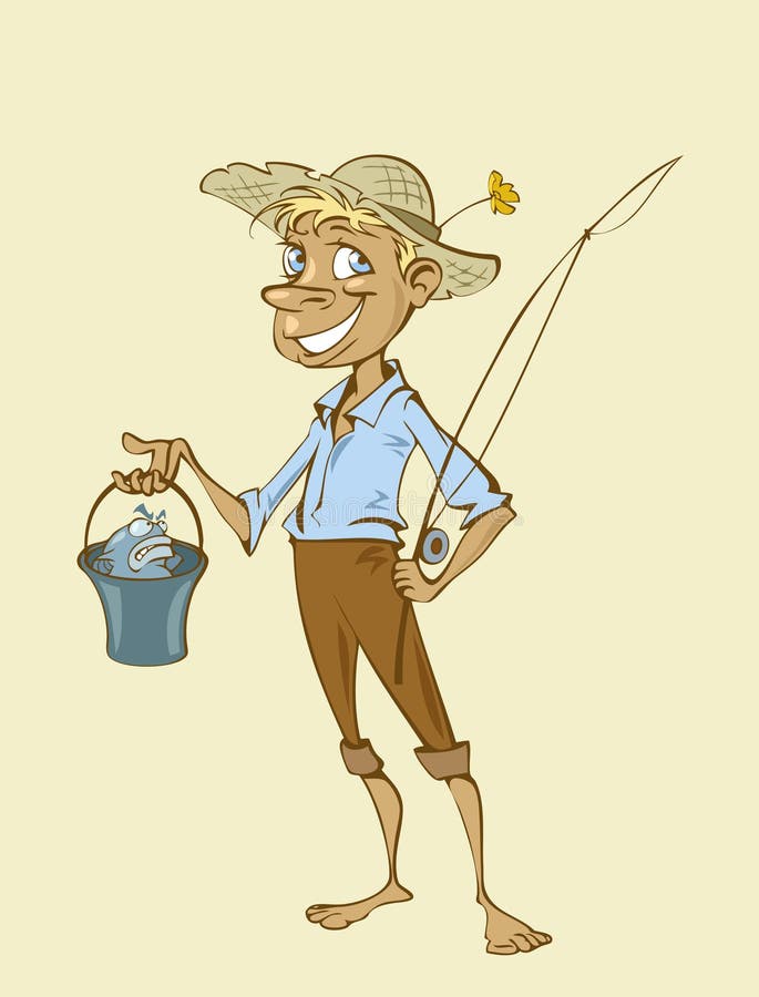 Cartoon Visser Met Een Hengel Stock Illustratie - Illustration of ...