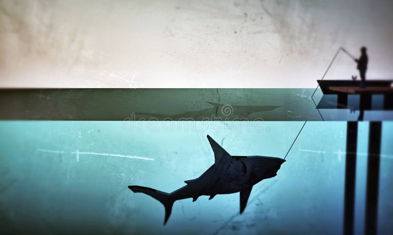 Visser Die Een Grote Haai Jaagt Stock Illustratie - Illustration of ...