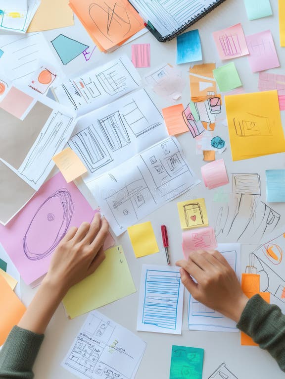 Visual Brainstorming Session with Scattered Sketches and Colorful ...