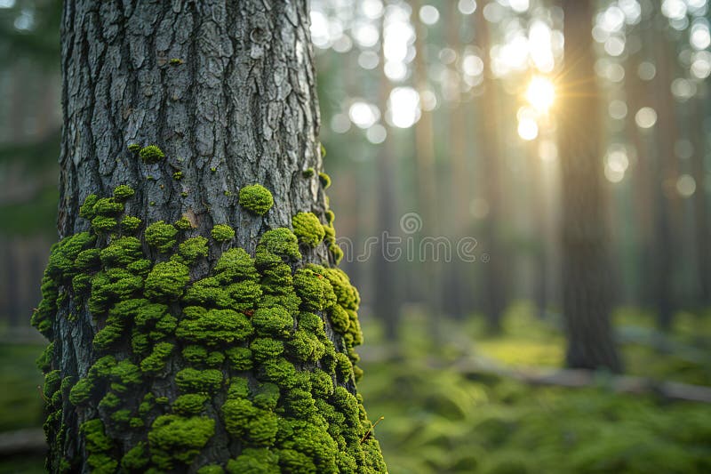 Visual Close-up of Moss on a Tree Trunk in a Forest, Macro Shot, High ...