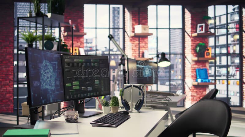 Visual Coding Interface Active on a Modern Dual Monitors Setup Stock ...