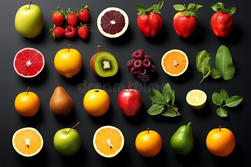 A Visual Collage Featuring a Diverse Assortment of Fruit Types Stock ...
