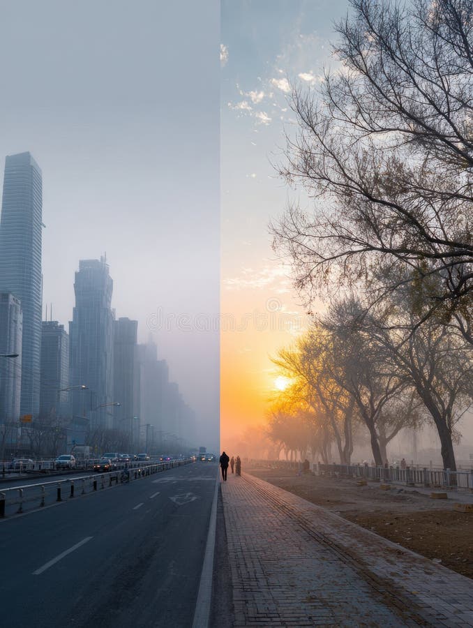 Visual Comparison of Clean Air Environment and Polluted Urban Landscape ...