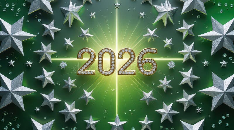 2026 Diamond Text with Silver Stars on Green Background Stock ...