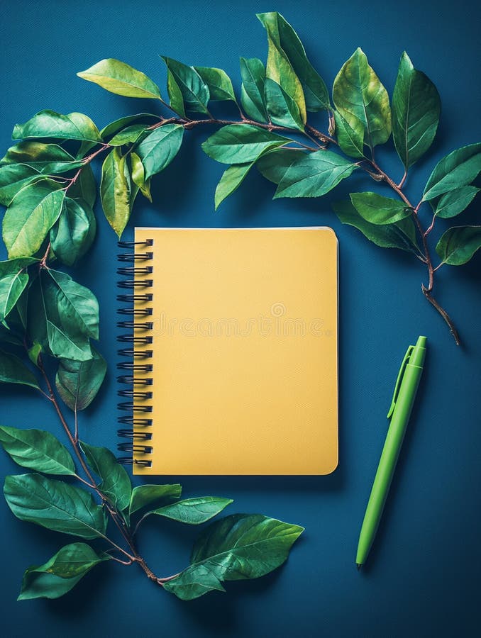 A Visual Composition with an Orange Spiral Notebook, a Lime Green Pen ...