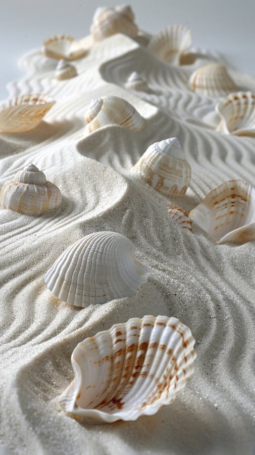 Visual Composition with Quartz Sand Adorned with Scattered Sea Shells ...