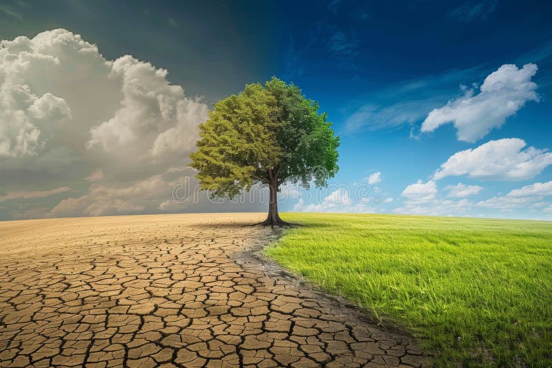 A Visual Contrast of Climate Change Half Dry Tree and Lush Green Grass ...