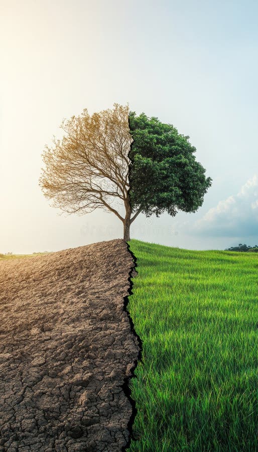 A Visual Contrast of Climate Change Half Dry Tree and Lush Green Grass ...