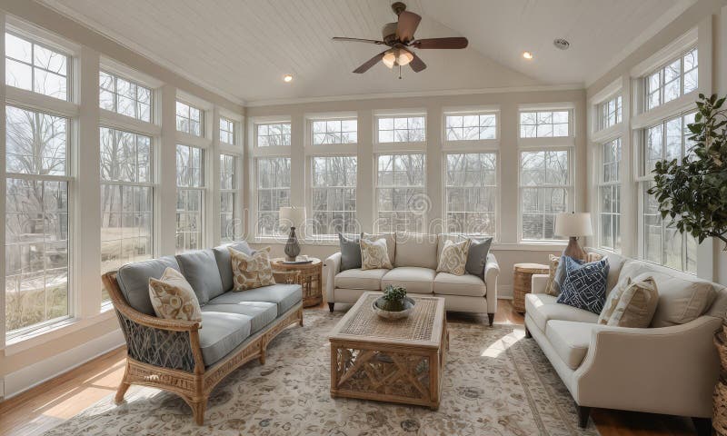 Living Room with Large Window and Couch Stock Illustration ...