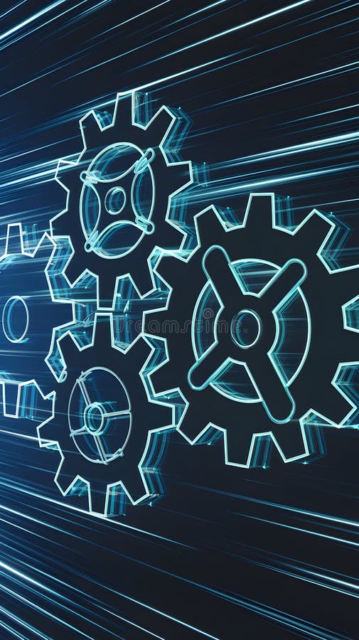 Interconnected Gears Glow in Blue Light Against a Dynamic Background ...